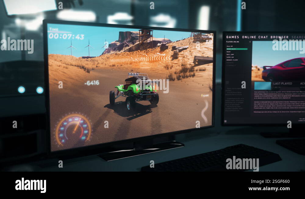 Racing the green buggy car on the sandy track in computer racing ...