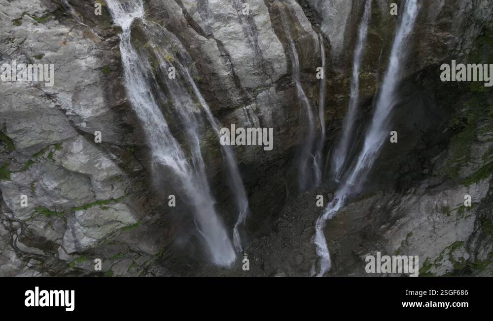 Aerial view of Sofia waterfalls. Epic view of falling water jets high ...