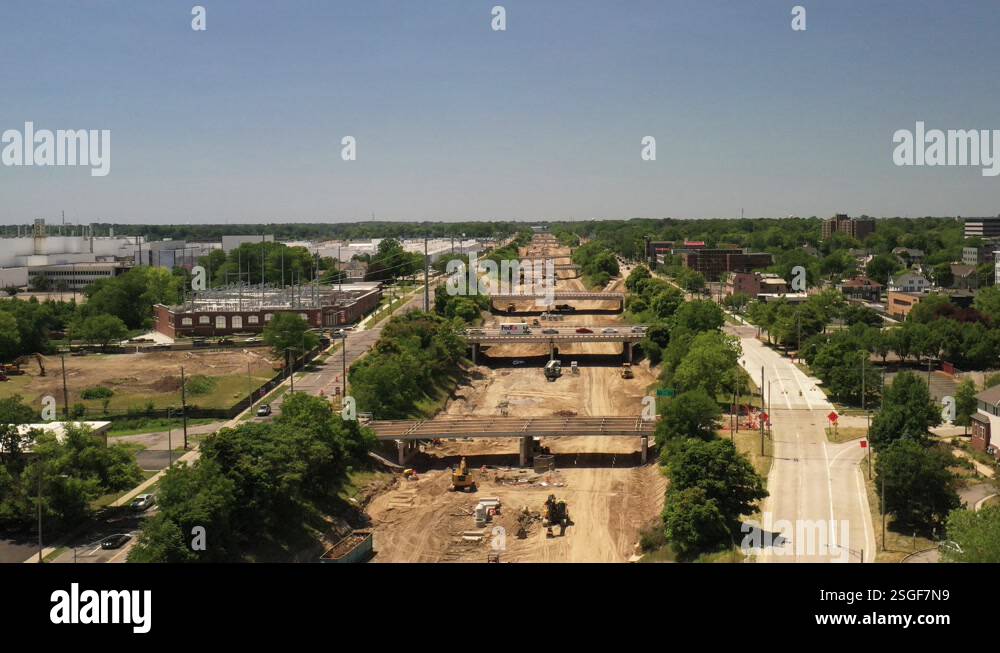 496 highway construction in Lansing, Michigan with drone video moving ...