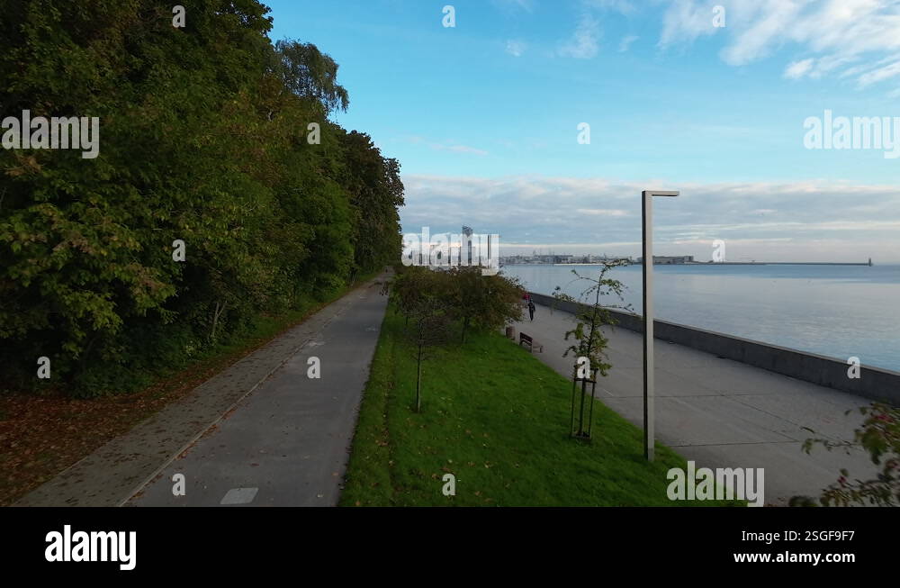 Aerial Flying Over Esplanade Walkway Path With Trees In Seaside ...