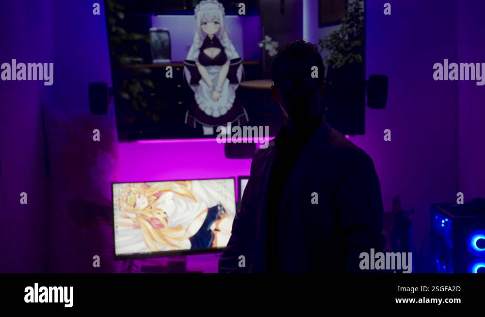 Anime nerd with glowing glasses watching cute anime girl on big ...