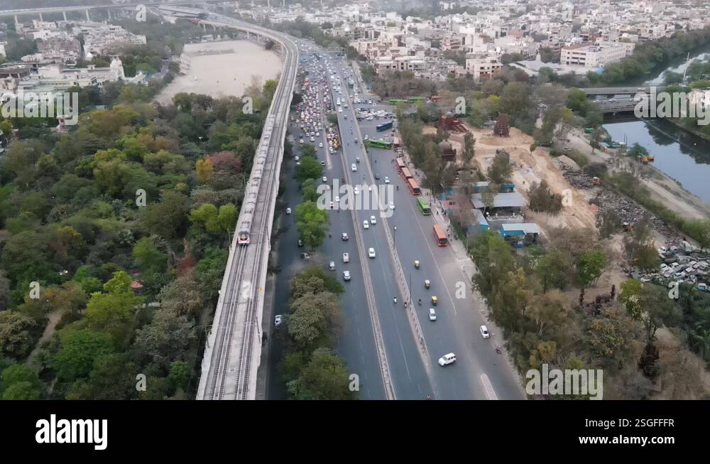 4K Drone Shots of a Sunset in an Indian City New Delhi above trees and ...