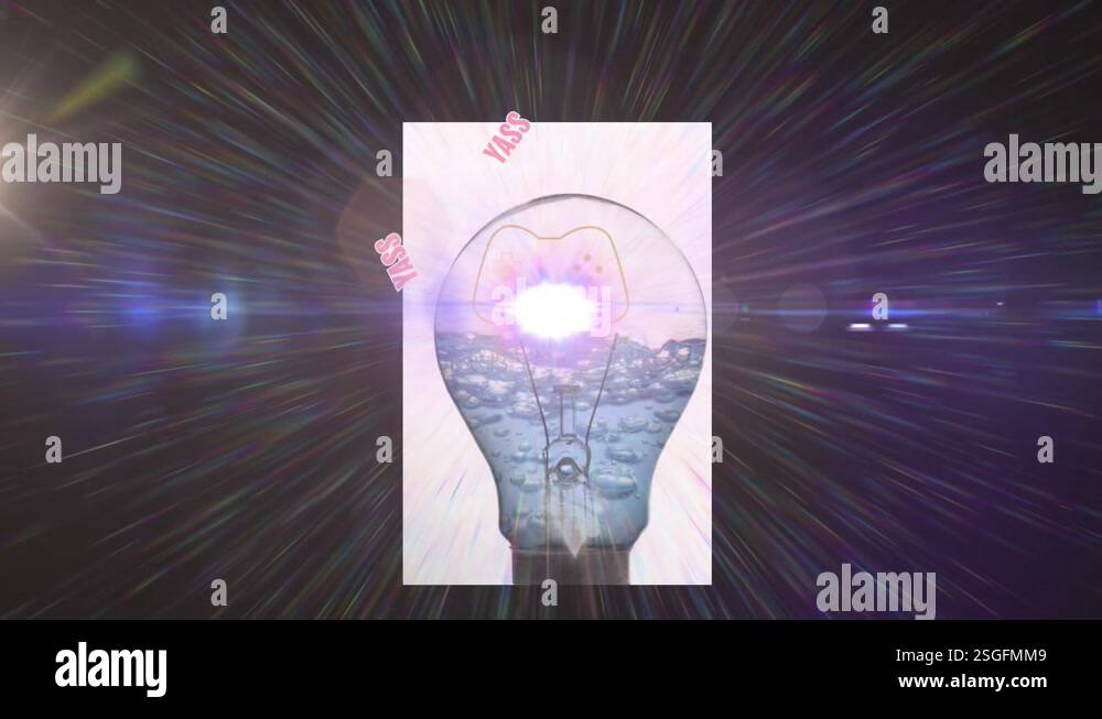 Animation of graphical water in light bulb, gaming console and yes text ...