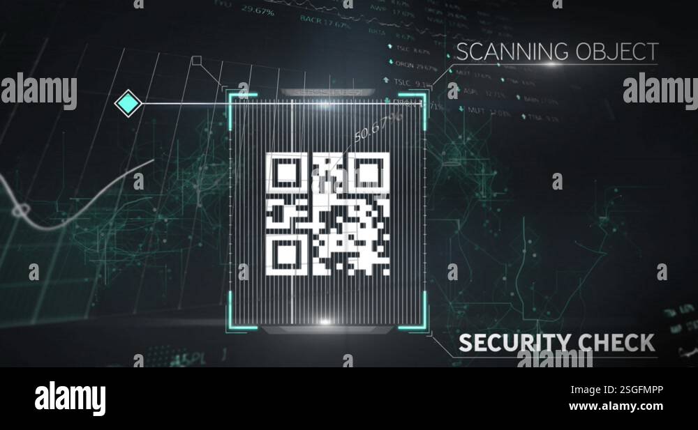 Animation of lights and qr code over financial data on digital screen ...