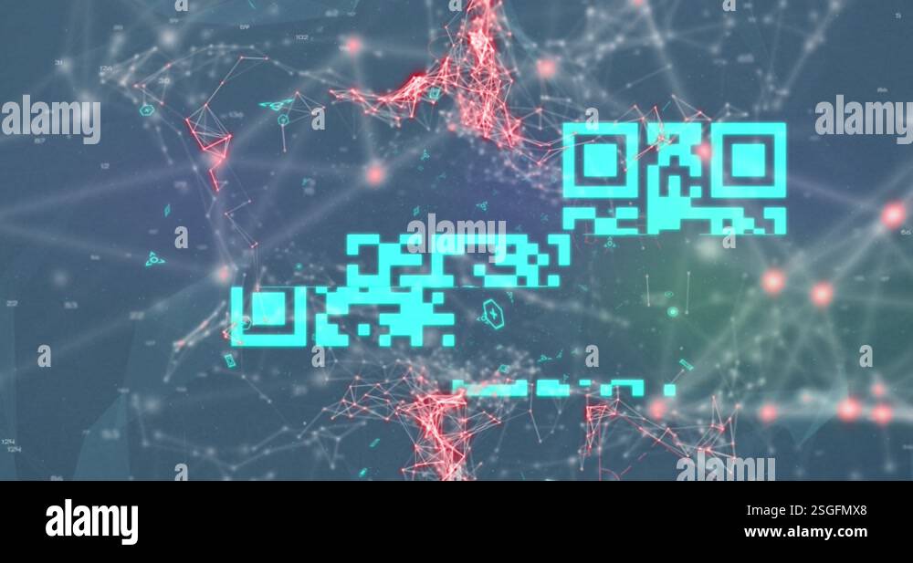 Animation of qr code, connections and math formulas on blue background ...