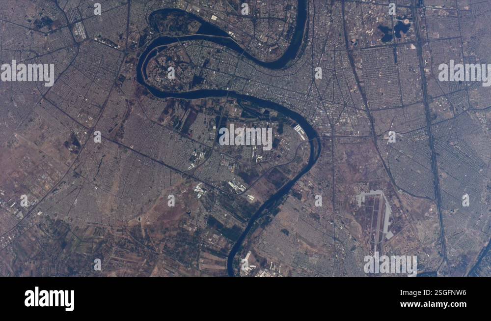 Aerial high altitude satellite view of downtown Baghdad 4k animation ...