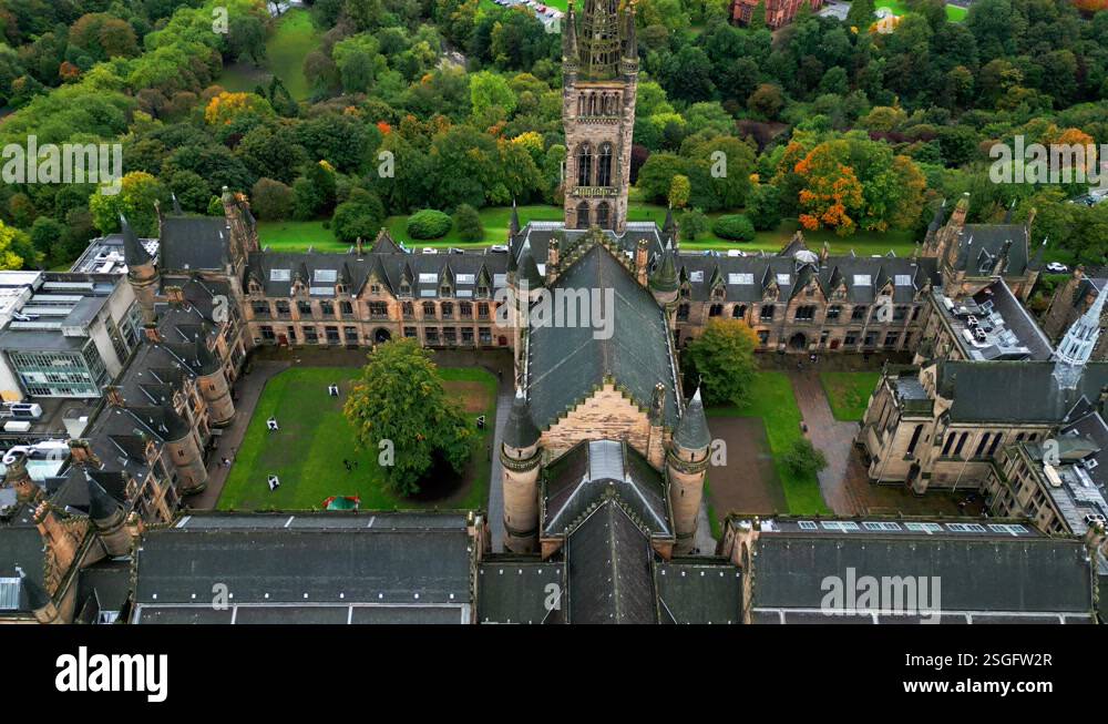 University of Glasgow - historic main building from above - aerial view ...
