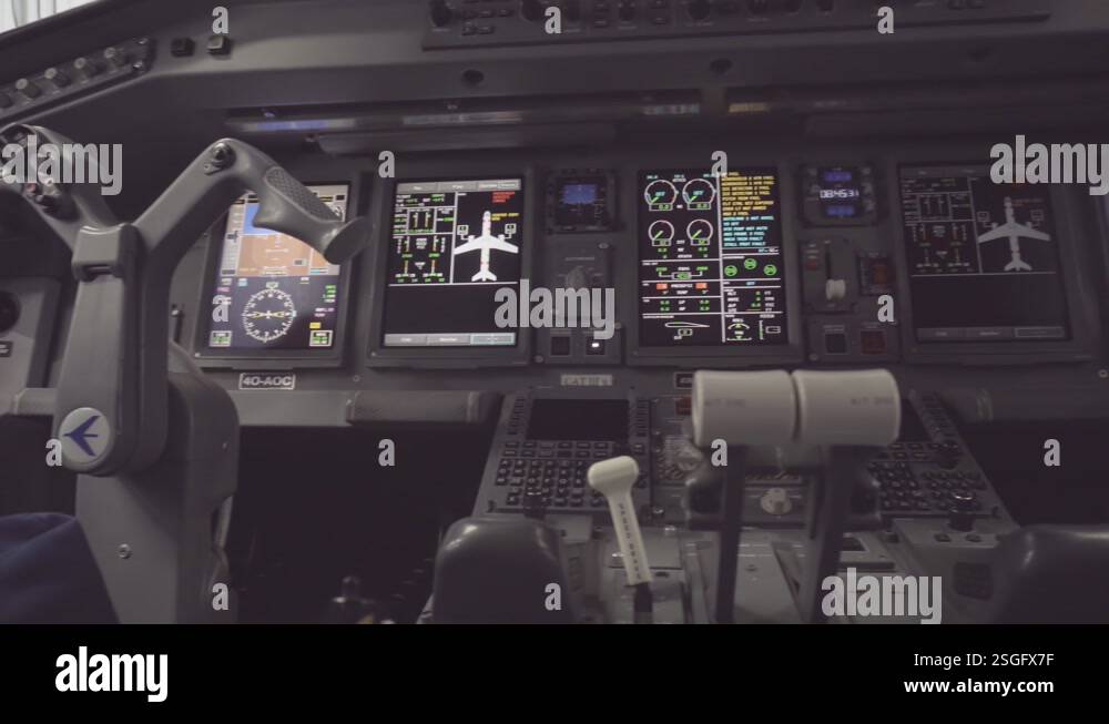 Interior of the airplane cockpit. Airplane cockpit inside of civil ...