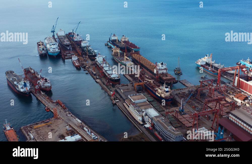 aerial view of shipyard. shipbuilding and ship repair facility . 4K ...