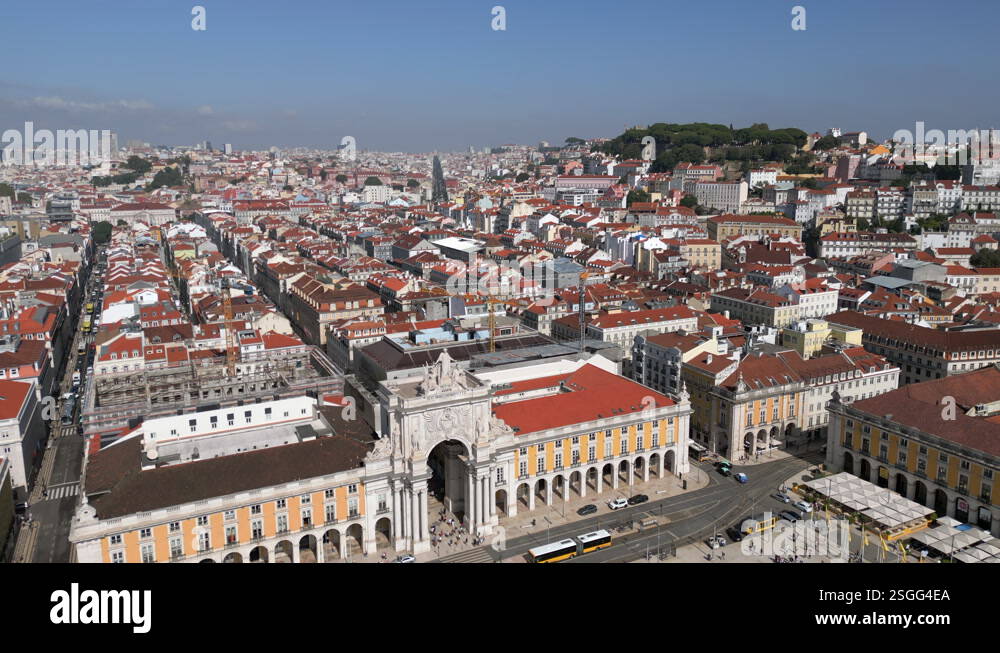 Aerial View of Rua Augusta Arch and Comercio Square in Lisbon, Portugal ...