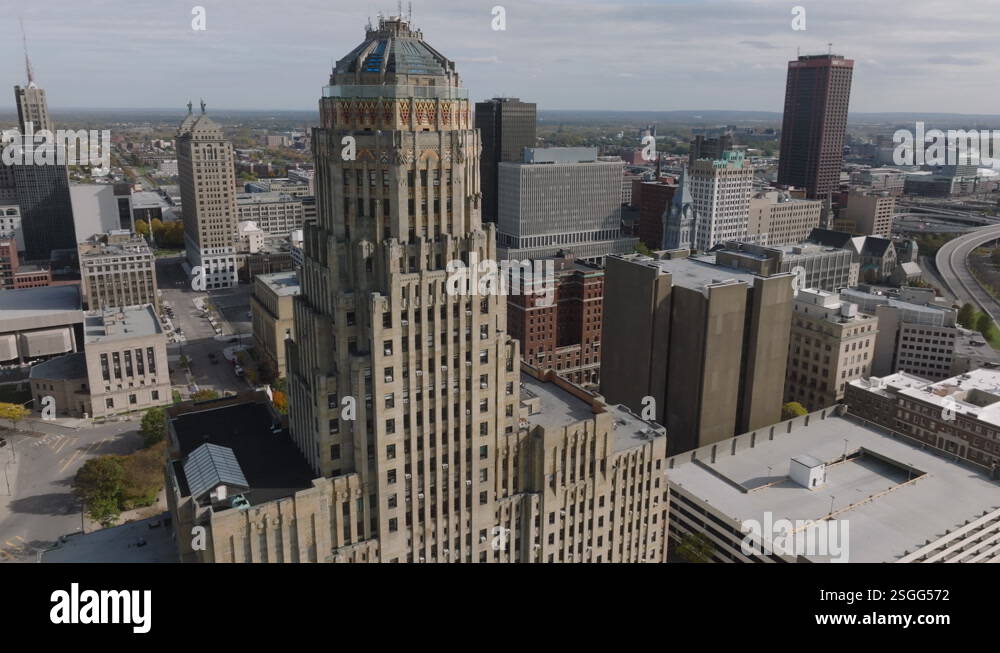wider flying counter clockwise around iconic city hall of Buffalo NY ...