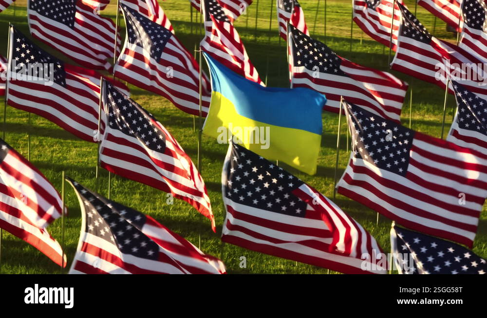 Aerial footage of tribute ceremony with national symbols waving on the ...