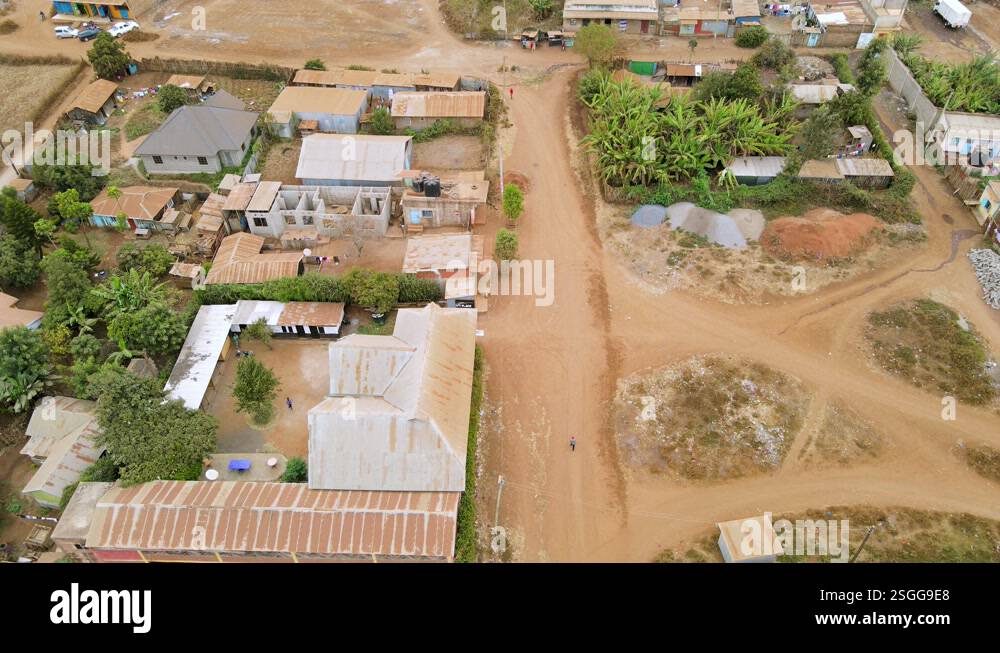 Cityscape-drone view drone flying in the small village of Loitokitok ...