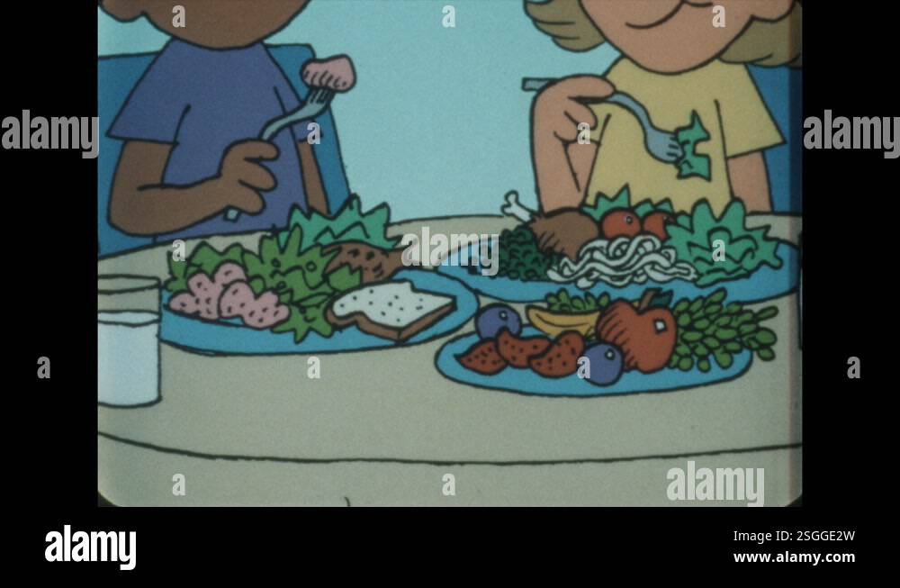 1990s: Cartoon alien floating above ground, talking. Children eating ...