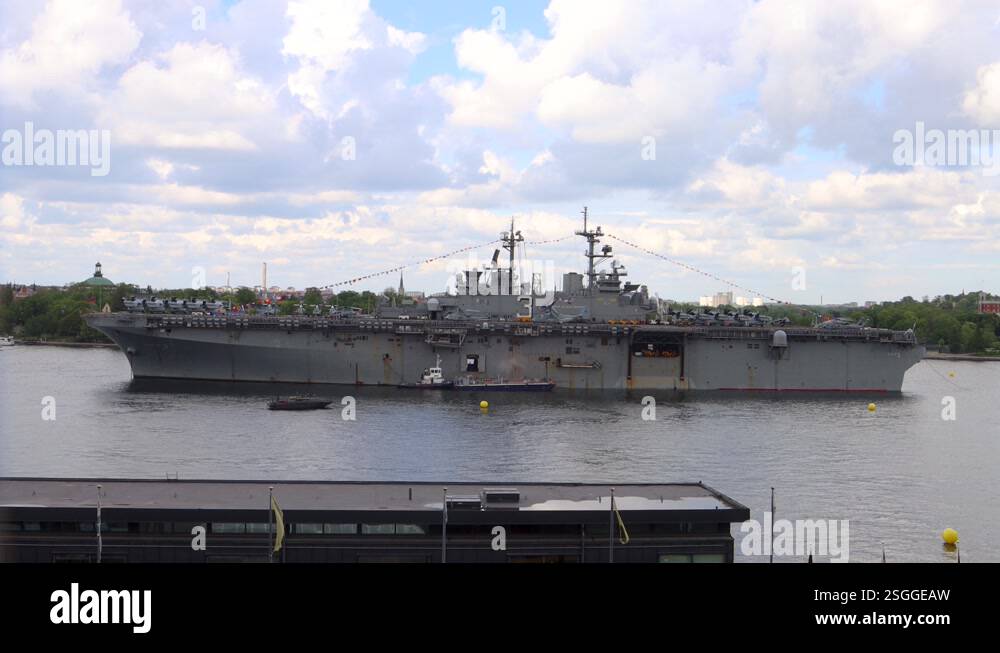 Full side view of navy ship USS Kearsarge anchored on visit in Sweden ...