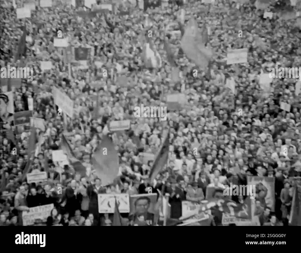 Rome - 1944: Massive crowd waves signs, flags during communist rally ...