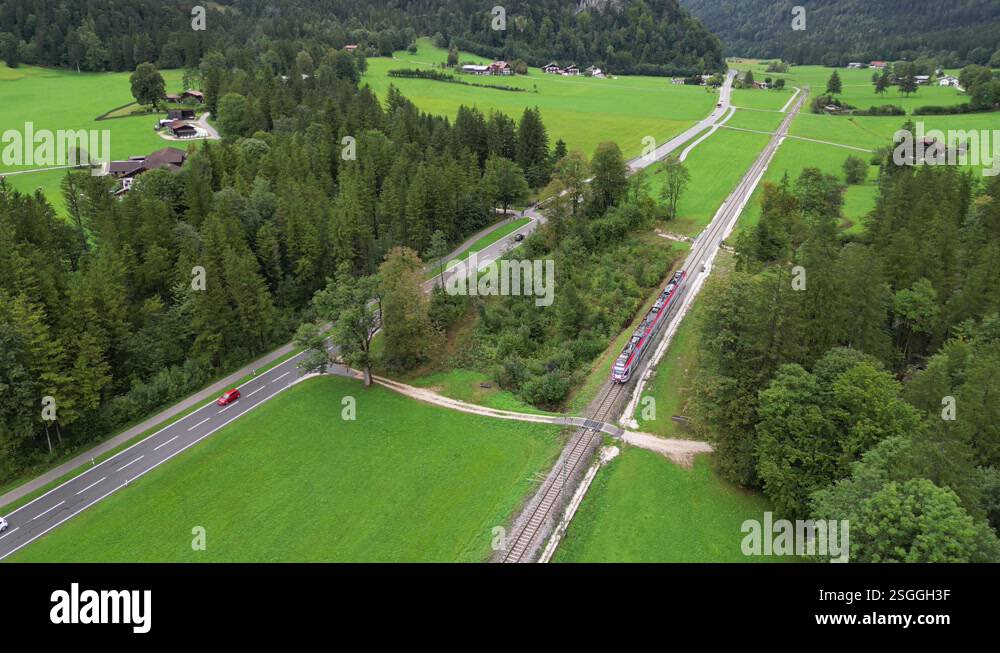 Drone tracking Train and road running in parallel Bavaria Germany drone ...