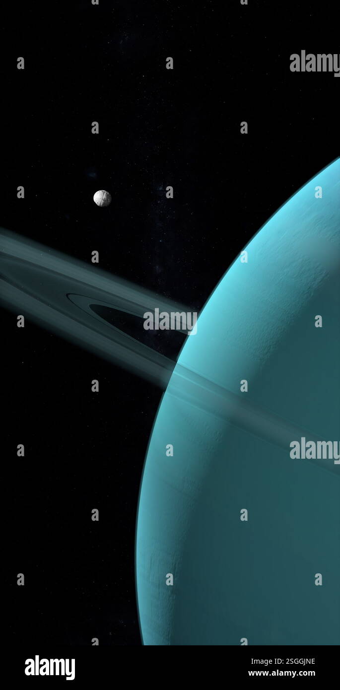 Puck orbiting around Uranus planet in the outer space. 4K Vertical ...
