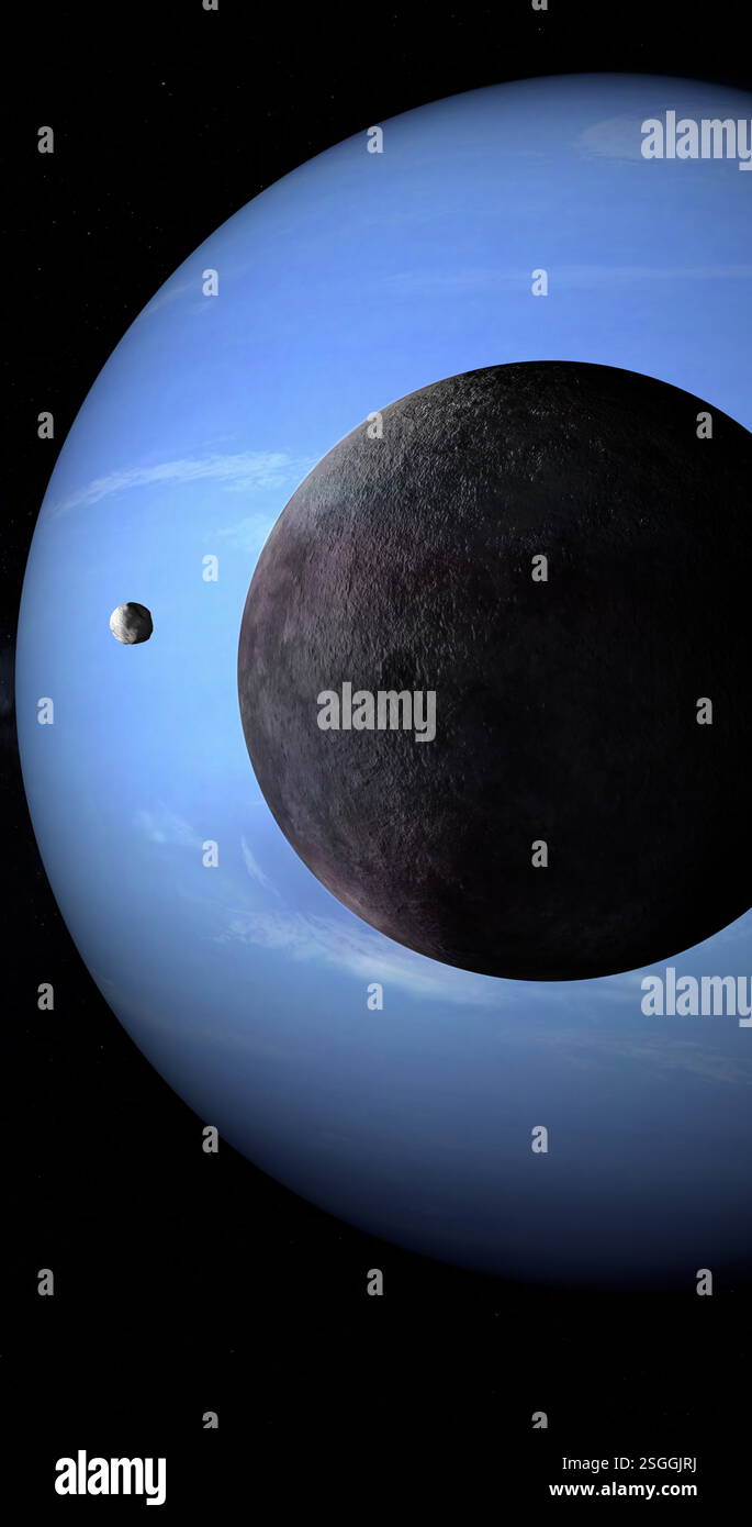 Satellites Proteus and Triton orbiting around Neptune planet. 4K ...