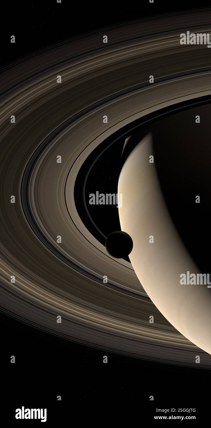 Moon orbiting around Saturn planet and her rings in the outer space. 4K ...