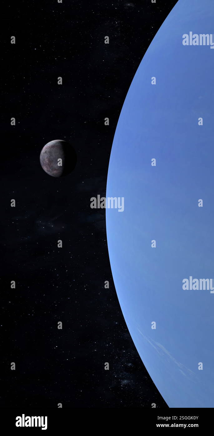 Neptune planet and her rings in the outer space with Triton moon. 4K ...