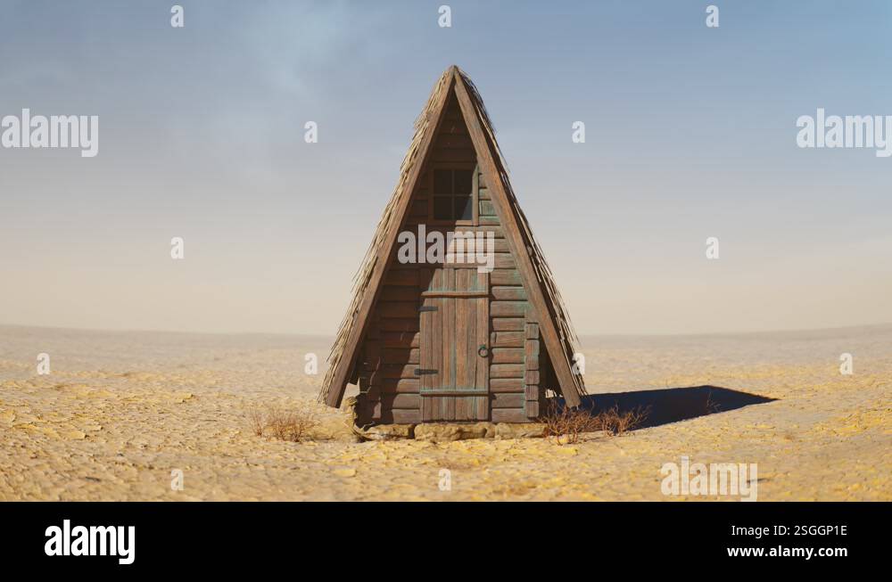 Abandoned wooden log cabin in the middle of the cracked, dry desert ...