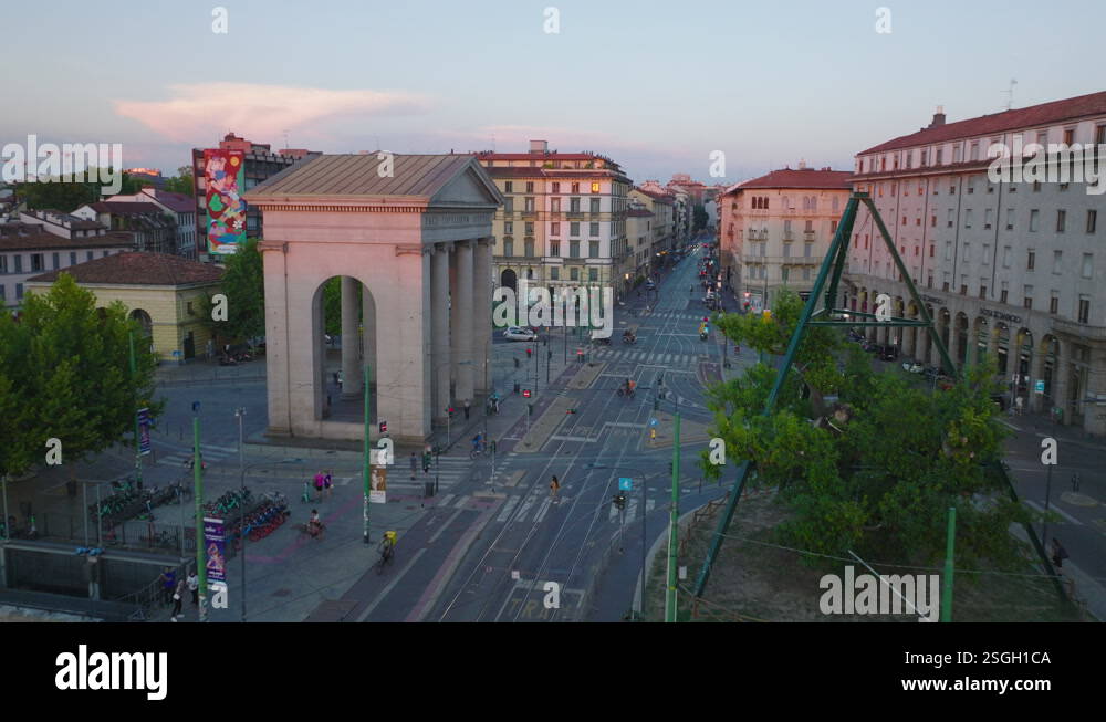 Aerial view of traffic on roads and intersections around historic Porta ...