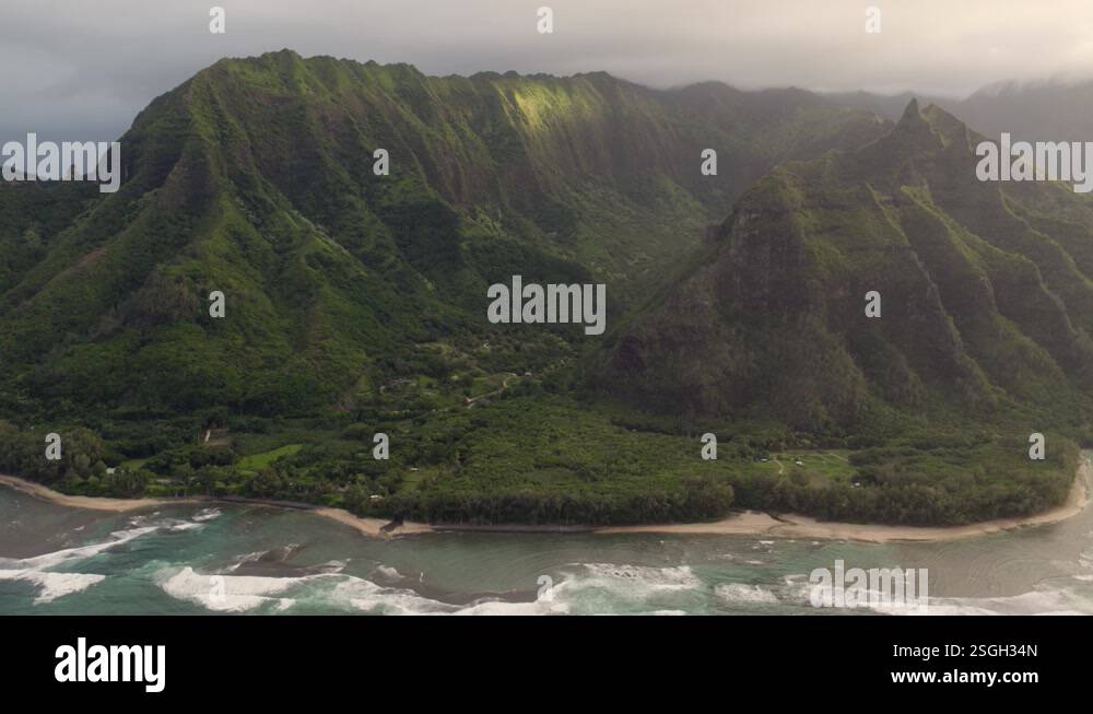 Epic aerial above Hawaii coast landscape of Haena park, panoramic views ...