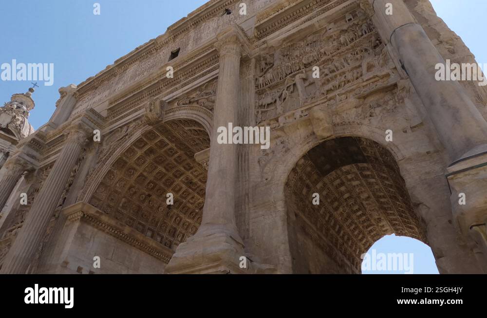 Looking Up At Arch of Septimius Severus Against Sunny Clear Blue Skies ...