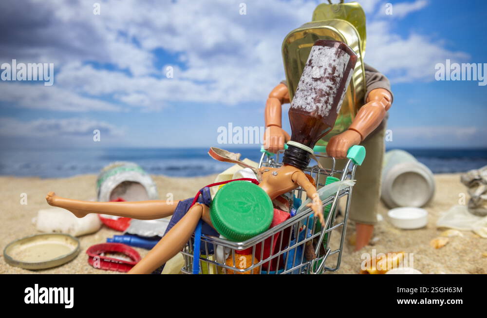 A male doll pushes a trolley full with trash on beach Stock Video ...