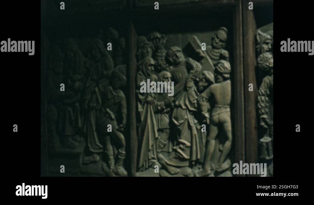 1960s: Man reads. Bas relief. Men talk. Historical building Stock Video ...