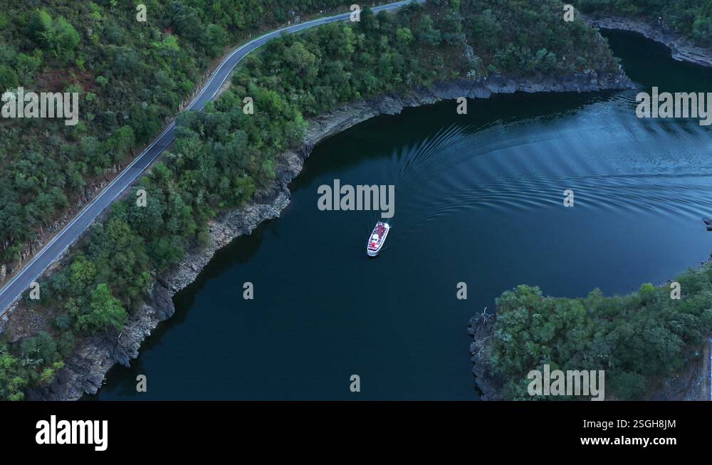 Aerial View of Tourist Boat in River Sil Ribeira Sacra Canyon Stock ...