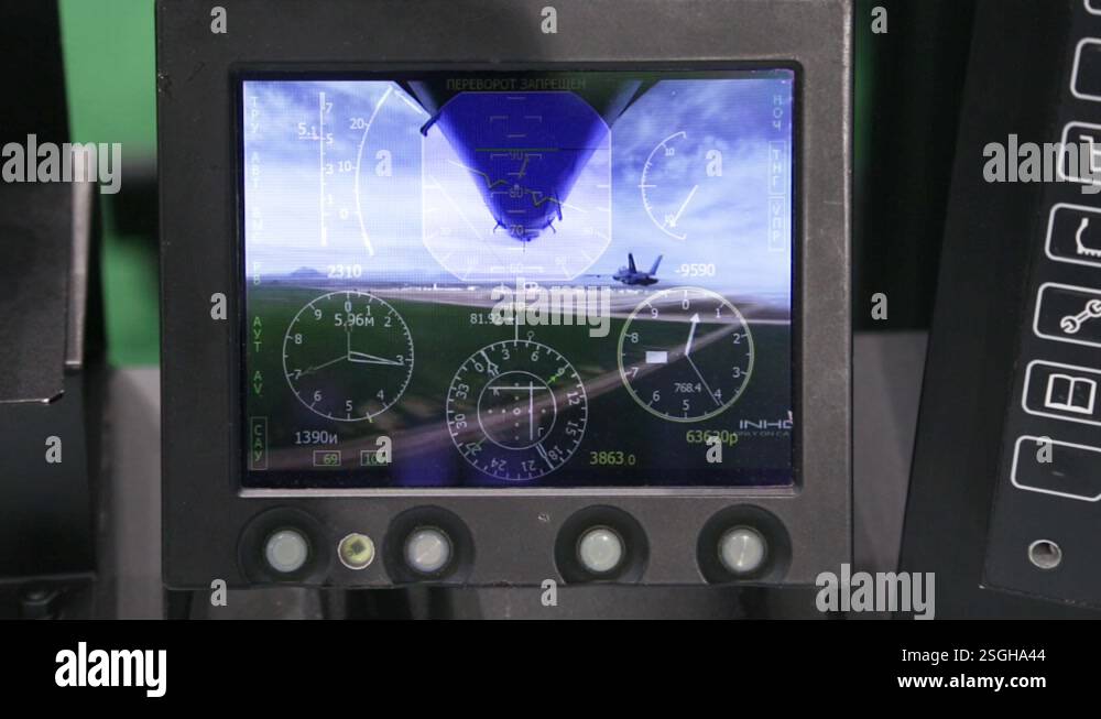 View of the monitor of an aviation simulator for pilot training Stock ...