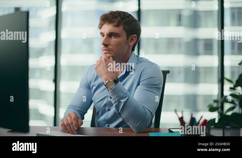 Exhausted worker worrying business process sitting desk corporate ...