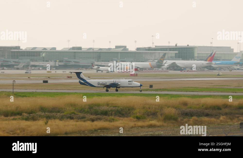 YVR airport terminal, airplane departing, control tower, air travel ...
