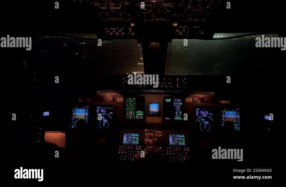 Exclusive night view of a jet cockpit during a real night landing at ...