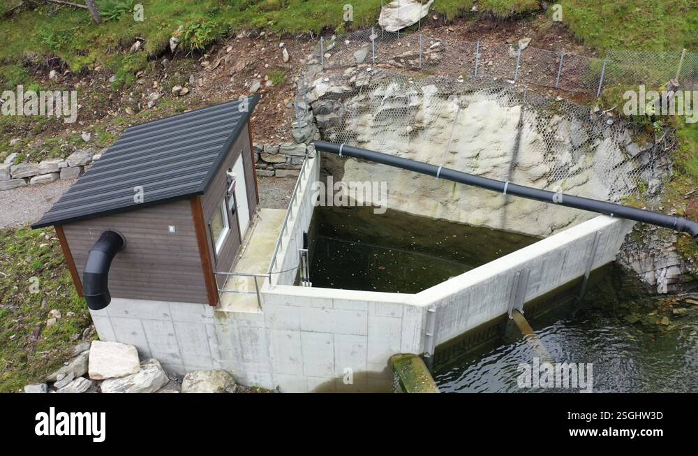 Low water level at river intake dam for hydroelectric powerplant ...