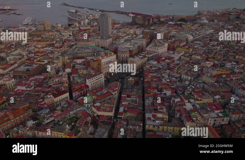 High angle view of buildings and streets in historic city centre. Tilt ...