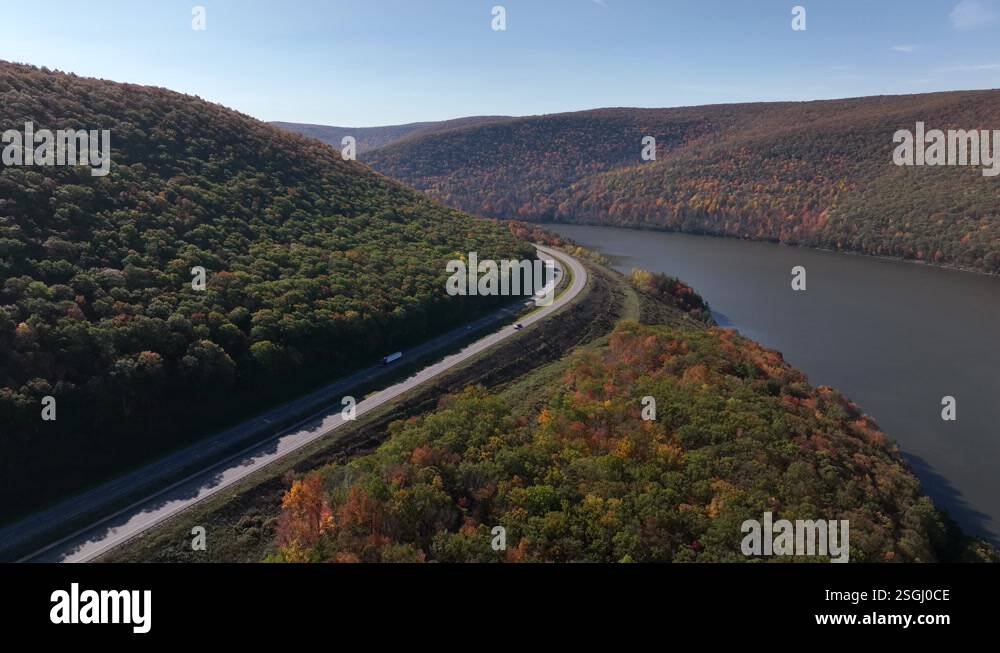 Road trip traveling beautiful Pennsylvania past Tioga reservoir in Fall ...