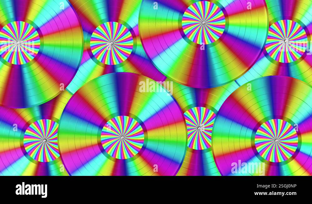 Rainbow gradient spinning vinyl records with striped labels looping 3D ...