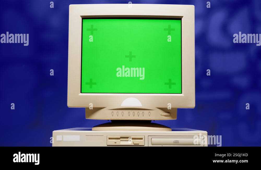 Retro pc with chroma key green screen, Old computer studio close-up ...