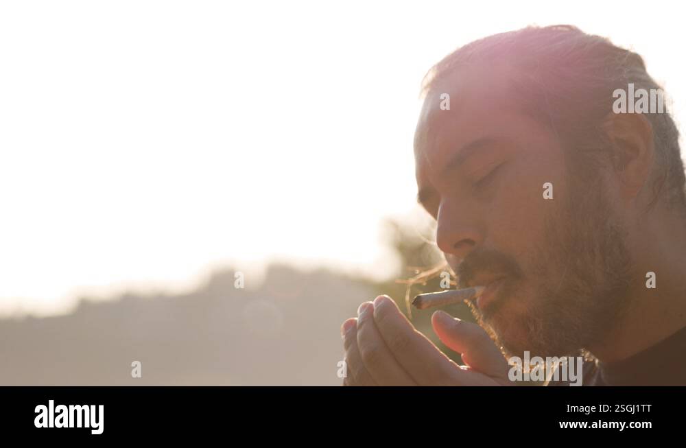 Man smoking marijuana, weed, joint, getting high, sunshine, smoke. 4K ...