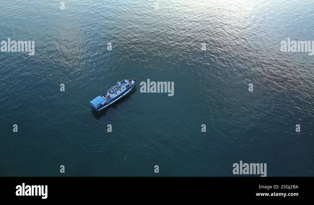 4k Top view of ship floats on water outdoors in summer irrl Stock Video ...