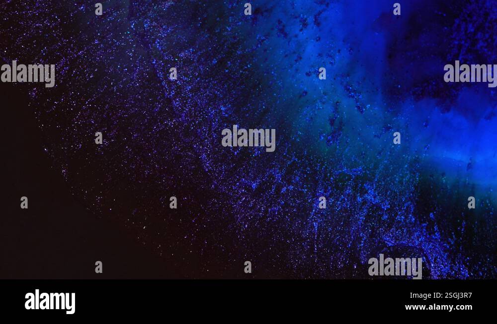 Dark neon blue black colors ink and shiny particles macro. Liquid ...