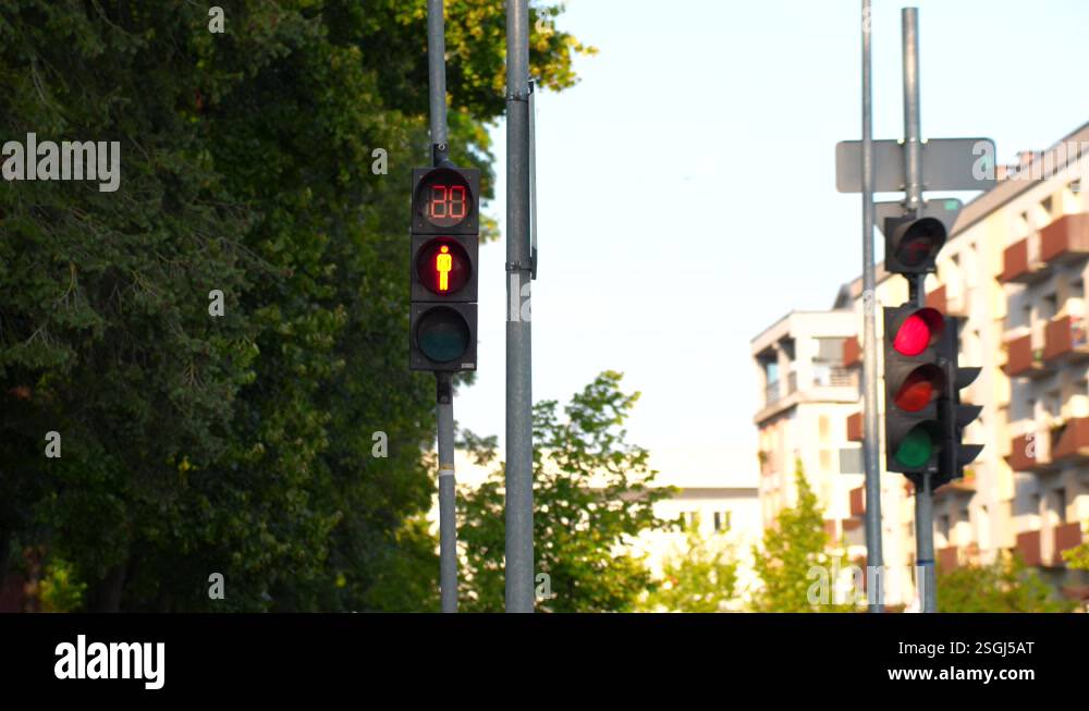 Static view of the countdown of a red traffic light with prohibition to ...
