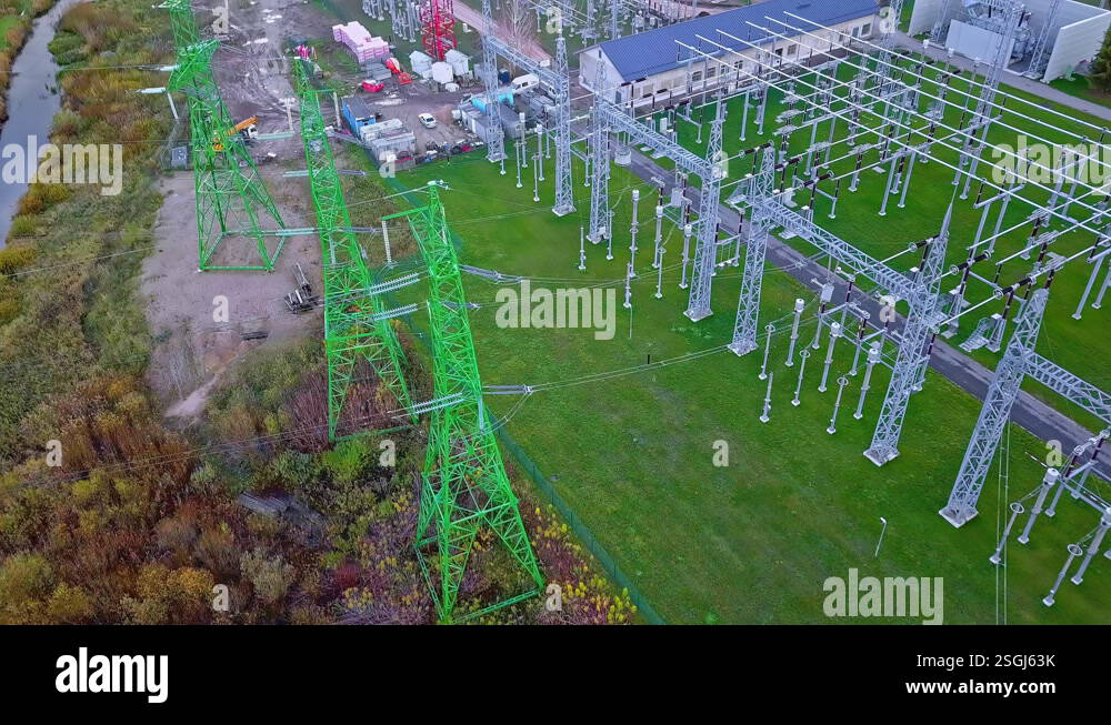 Distributing high voltage power substation iviewed from above on a ...