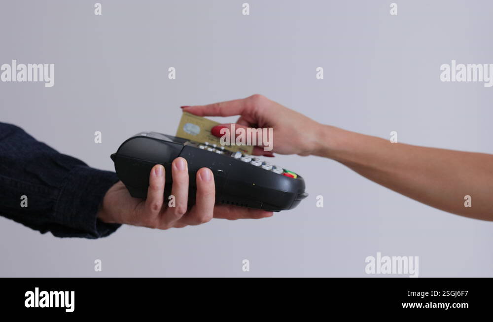 Credit card machine for money transaction. Woman hand with credit card ...
