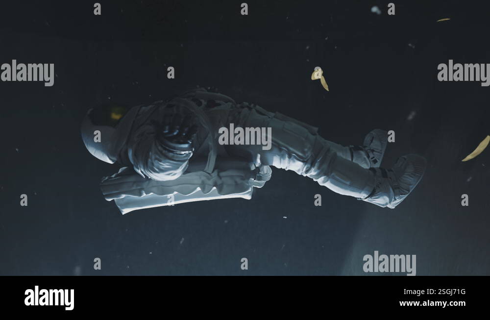 Astronaut falling down in space at zero gravity, lit from below. Sci-fi ...