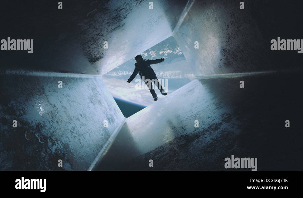 Astronaut falling down a bright path or a tunnel at zero gravity ...
