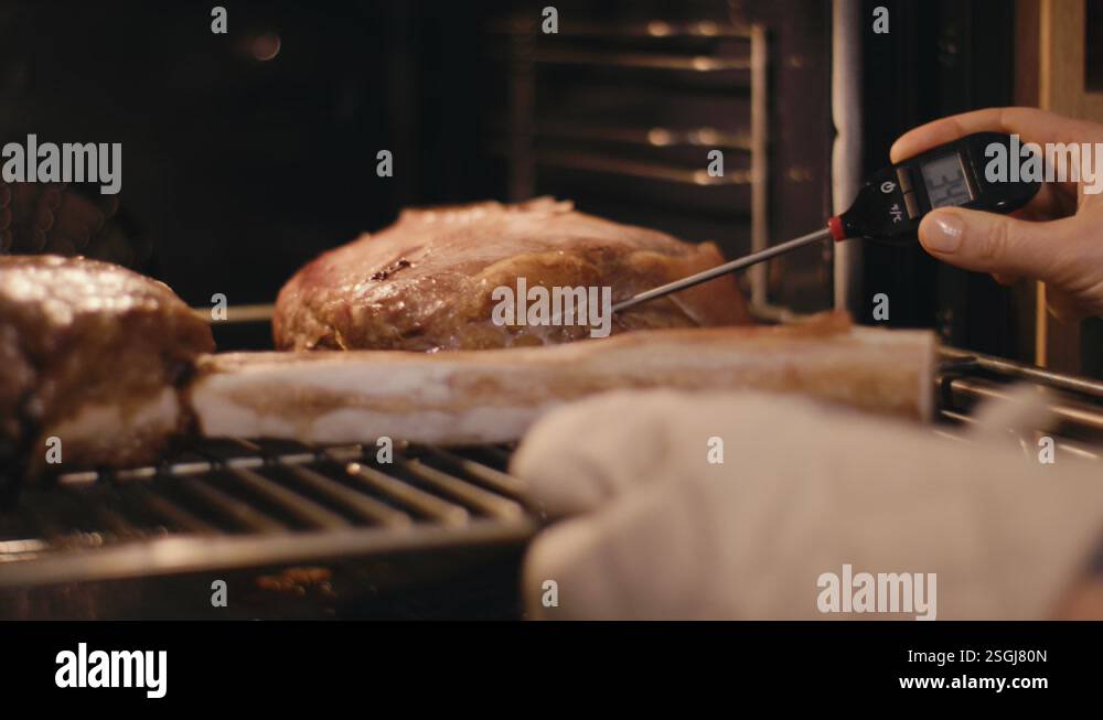 Female cook measures beef steak oven temperature thermometer close up ...